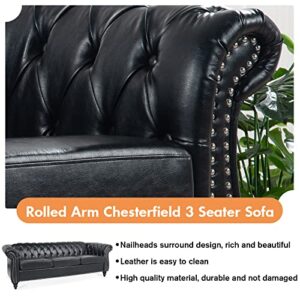 Wlvos 84" Leather Chesterfield Sofas for Living Room, Rolled Arm 3-Seater Large Couch Deep Button Nailhead Tufted Upholstered Couches for Bedroom, Office Apartment Easy to Assemble (Black)