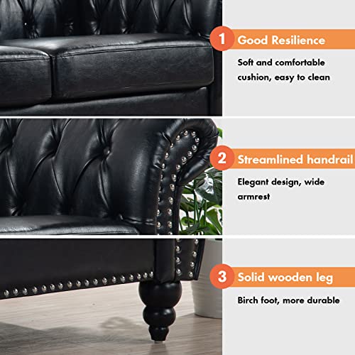 Wlvos 84" Leather Chesterfield Sofas for Living Room, Rolled Arm 3-Seater Large Couch Deep Button Nailhead Tufted Upholstered Couches for Bedroom, Office Apartment Easy to Assemble (Black)