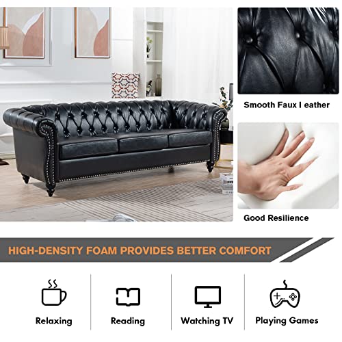 Wlvos 84" Leather Chesterfield Sofas for Living Room, Rolled Arm 3-Seater Large Couch Deep Button Nailhead Tufted Upholstered Couches for Bedroom, Office Apartment Easy to Assemble (Black)