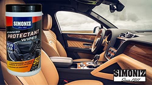 Simoniz New Car Scent Advanced UV Protectant Wipes Wipes – Interior Protectant or Most Surfaces -  Plastic, Rubber, Vinyl Dashboards, Seats, Doors & Tires -Great for Cars, Trucks, SUVs, Boats 50 Count