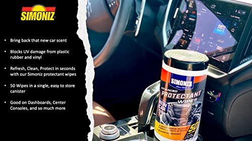 Simoniz New Car Scent Advanced UV Protectant Wipes Wipes – Interior Protectant or Most Surfaces -  Plastic, Rubber, Vinyl Dashboards, Seats, Doors & Tires -Great for Cars, Trucks, SUVs, Boats 50 Count