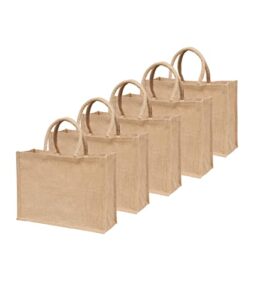 jute burlap tote bags with handle | natural eco-friendly reusable grocery bag | totes for bridesmaids | by yogi's gift® (pack of 5)