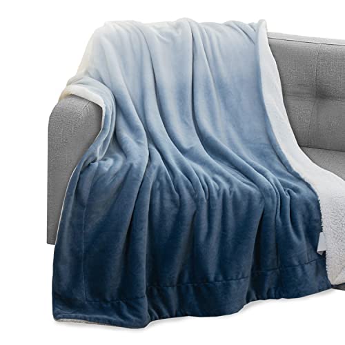 Elegant Comfort Throw Blanket, Reversible Sherpa Flannel, Ultra-Soft, Fuzzy, Cozy and Plush- All Season Lightweight Decorative Throw, 50 x 60 inches, Ombre Design Sherpa Throw, Blue