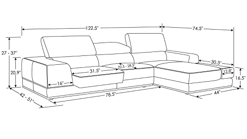 Zuri Furniture Encore 122" Right-ChaiseModern Sectional - Full Grain Leather in Black