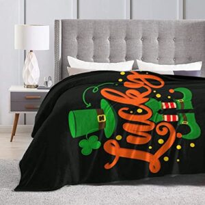 Lucky - Funny St Patrick's Day Irish Leprechaun Throw Blanket Soft Warm Cozy Lightweight Blankets Lucky Green Day Gift Flannel Blanket for Sofa Couch Bed Office Holiday Decorative 50"X40"