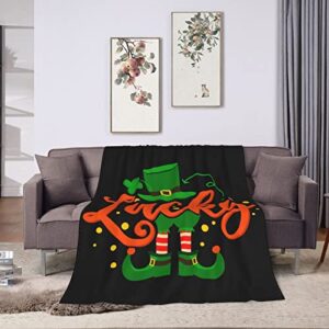 Lucky - Funny St Patrick's Day Irish Leprechaun Throw Blanket Soft Warm Cozy Lightweight Blankets Lucky Green Day Gift Flannel Blanket for Sofa Couch Bed Office Holiday Decorative 50"X40"