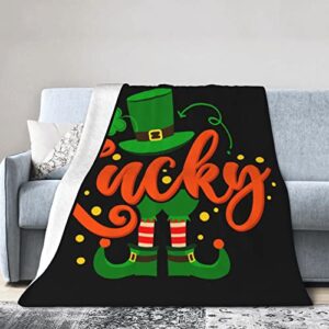 Lucky - Funny St Patrick's Day Irish Leprechaun Throw Blanket Soft Warm Cozy Lightweight Blankets Lucky Green Day Gift Flannel Blanket for Sofa Couch Bed Office Holiday Decorative 50"X40"