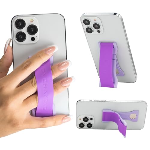 LoveHandle PRO Premium Phone Grip - Silicone Phone Strap - Magnetic Phone Mount and Kickstand for Smartphone and Tablet - Electric Purple Silicone on Lavender Base