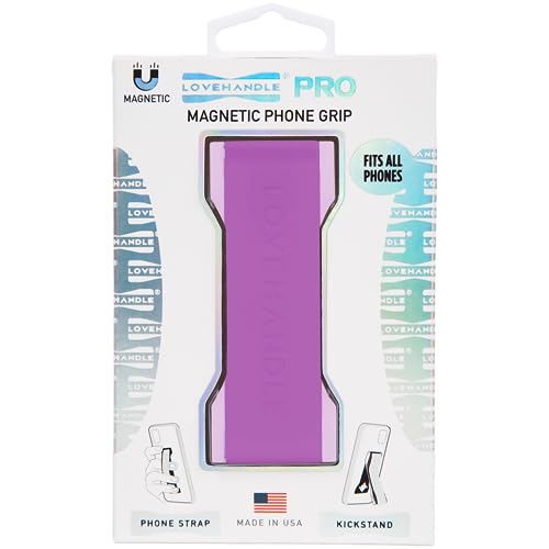 LoveHandle PRO Premium Phone Grip - Silicone Phone Strap - Magnetic Phone Mount and Kickstand for Smartphone and Tablet - Electric Purple Silicone on Lavender Base