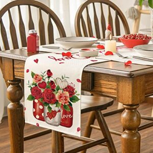 Artoid Mode Rose Vase Valentine's Day Table Runner, Seasonal Kitchen Dining Table Decoration for Indoor Home Party 13x72 Inch