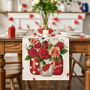 Artoid Mode Rose Vase Valentine's Day Table Runner, Seasonal Kitchen Dining Table Decoration for Indoor Home Party 13x72 Inch