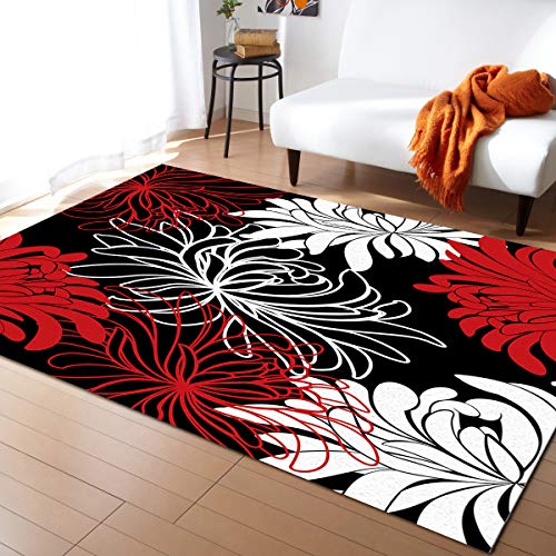 Maliyand Indoor Area Rug, Chrysanthemum Flower Abstract Floral Pattern Red Black White Anti-Skid Rectangle Accent Rugs for Children Bedroom Living Room Nursery Decoration, 2'7"x5'