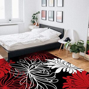 Maliyand Indoor Area Rug, Chrysanthemum Flower Abstract Floral Pattern Red Black White Anti-Skid Rectangle Accent Rugs for Children Bedroom Living Room Nursery Decoration, 2'7"x5'