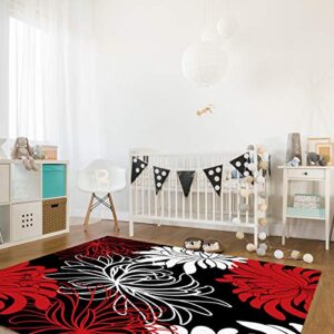 Maliyand Indoor Area Rug, Chrysanthemum Flower Abstract Floral Pattern Red Black White Anti-Skid Rectangle Accent Rugs for Children Bedroom Living Room Nursery Decoration, 2'7"x5'