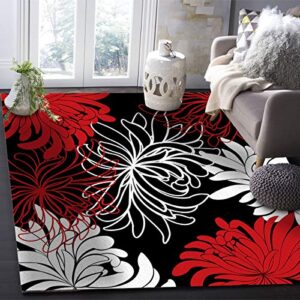 Maliyand Indoor Area Rug, Chrysanthemum Flower Abstract Floral Pattern Red Black White Anti-Skid Rectangle Accent Rugs for Children Bedroom Living Room Nursery Decoration, 2'7"x5'