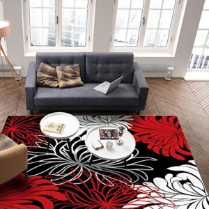 Maliyand Indoor Area Rug, Chrysanthemum Flower Abstract Floral Pattern Red Black White Anti-Skid Rectangle Accent Rugs for Children Bedroom Living Room Nursery Decoration, 2'7"x5'