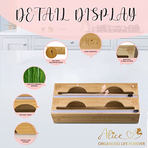 Alice 2-in-1 Foil and Plastic Wrap Organizer with Cutter | Compatible with Plastic Wrap, Aluminum Foil, and Wax Paper | Nature Bamboo Wrap Dispenser for Kitchen Storage Organization for 13 1/4" Roll