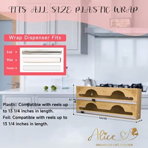 Alice 2-in-1 Foil and Plastic Wrap Organizer with Cutter | Compatible with Plastic Wrap, Aluminum Foil, and Wax Paper | Nature Bamboo Wrap Dispenser for Kitchen Storage Organization for 13 1/4" Roll