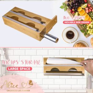 Alice 2-in-1 Foil and Plastic Wrap Organizer with Cutter | Compatible with Plastic Wrap, Aluminum Foil, and Wax Paper | Nature Bamboo Wrap Dispenser for Kitchen Storage Organization for 13 1/4" Roll