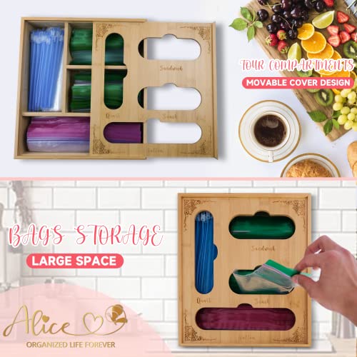 Alice 4 IN 1 Ziplock Bag Organizer | Nature Bamboo Baggie Holder | Compatible with Gallon, Quart, Quart Slider, Sandwich, Snack, and Variety Size Food Bags | Bag Storage Organizer for Kitchen Drawer