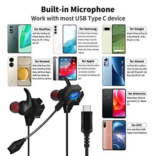 USB C Earbuds with Boom Mic for iPhone 15 Pro Max Gaming Headset Wired in-Ear Type C Earphones Noise Canceling USB C Headphones for iPad OnePlus 10 Samsung Fold 5 4 Flip 3 S23 S22 S21 Pixel 7 Pro 6A