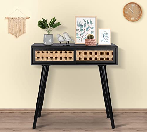 Console Table, Small Entryway Table, Console Tables for Entryway, Rattan Dresser Side Table Black Entry Table Narrow Console Table Modern Hallway Table Boho Sofa Table for Living Room, Vanity Desk