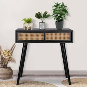 Console Table, Small Entryway Table, Console Tables for Entryway, Rattan Dresser Side Table Black Entry Table Narrow Console Table Modern Hallway Table Boho Sofa Table for Living Room, Vanity Desk