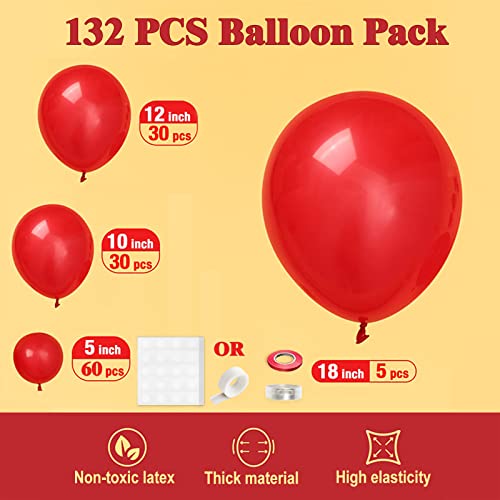 YUEARN Red Balloons, 132PCS Red Balloon Garland Kit, 18/12/10/5IN Different Size Pack, Balloon Arch Kit for Birthday Party/Baby Shower/Wedding Decor (Red, 18/12/10/5-in)