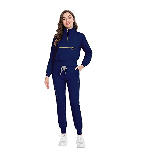 niaahinn Scrub Set with Long Sleeve for Women Scrub Top & Jogger Scrub Pants Medical Working Uniforms with Pockets (Navy Blue,M)