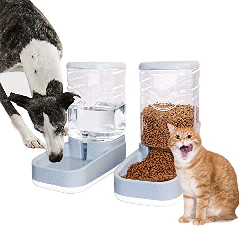 Darrengoing Automatic Pets Feeder and Water Dispenser Set, Gravity Food Feeder and Water Dispenser with Food Bowl, Automatic Cat Water Dispenser for Small Middle Pets Cats Dogs (3.8L)