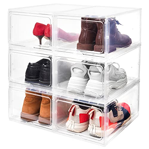 Galifode Clear Plastic Shoe Storage Boxes, Stackable Shoe Organizer Bins for Closet, Entryway, Large Shoe Container, Sneakers Toys Display Cases, 13.8 x 9.8 x 7 Inches