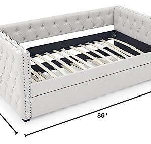 Daybed with Trundle, Upgraded Linen Upholstered Twin Size Day Bed Button-Tufted Sofa Daybed Frame with A Trundle, No Box Spring Needed, Furniture for Bedroom Living Room Guest Room (Beige, Twin)