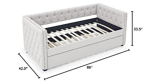 Daybed with Trundle, Upgraded Linen Upholstered Twin Size Day Bed Button-Tufted Sofa Daybed Frame with A Trundle, No Box Spring Needed, Furniture for Bedroom Living Room Guest Room (Beige, Twin)