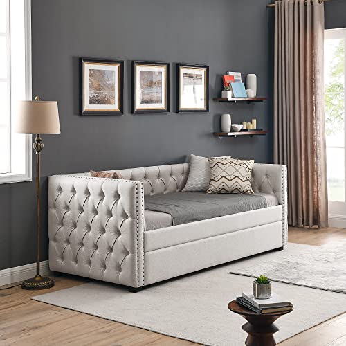 Daybed with Trundle, Upgraded Linen Upholstered Twin Size Day Bed Button-Tufted Sofa Daybed Frame with A Trundle, No Box Spring Needed, Furniture for Bedroom Living Room Guest Room (Beige, Twin)