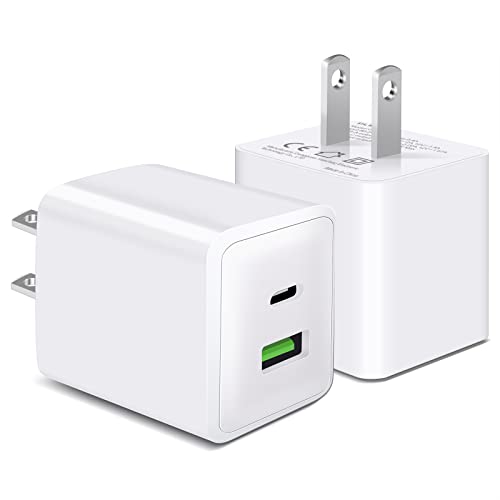 2 Pack USB C Wall Charger, PLSFLICK 20W Dual Port Power Delivery Fast Type C Charging Block Plug Adapter for iPhone 14 13 12 Pro Max Mini XR XS SE, Ipad, Airpods, Samsung Galaxy(White)