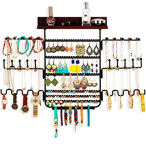 ARIYIBO Hanging Jewelry Organizer Wall Mounted, Earring Organizer Holder Necklace Organizer for Women Girls, Rotating Hanging Jewelry Holder Rustic Wood Shelf Jewelry Display Hanging for Bracelet