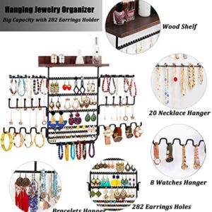 ARIYIBO Hanging Jewelry Organizer Wall Mounted, Earring Organizer Holder Necklace Organizer for Women Girls, Rotating Hanging Jewelry Holder Rustic Wood Shelf Jewelry Display Hanging for Bracelet