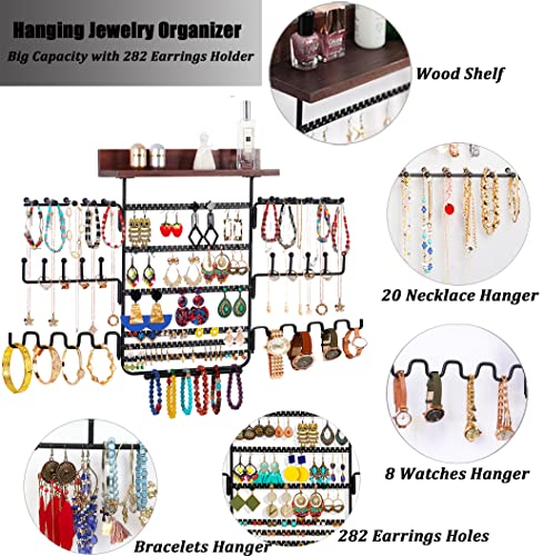 ARIYIBO Hanging Jewelry Organizer Wall Mounted, Earring Organizer Holder Necklace Organizer for Women Girls, Rotating Hanging Jewelry Holder Rustic Wood Shelf Jewelry Display Hanging for Bracelet