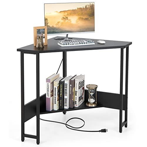 GOFLAME Corner Desk with Power Outlet, Triangle Computer Desk for Small Space, Space-Saving Writing Desk with Storage Shelf and Charging Station, Modern Laptop PC Desk for Home Office (Black)