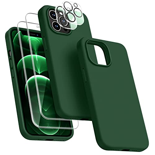 Dssairo [5 in 1 for iPhone 12 Pro Max Case 6.7 inch, with 2 Pack Screen Protector + 2 Pack Camera Lens Protector, Liquid Silicone Ultra Slim Shockproof Protective Phone Case (Alpine Green)