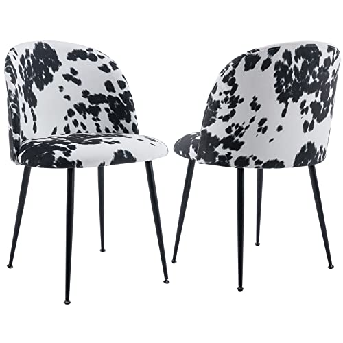 Guyou Fabric Upholstered Dining Chairs Set of 2, Modern Guest Chairs Side Chairs Round Back, Modern Accent Chairs with Metal Legs for Living Room Bedroom Reception Room (Black Cow)