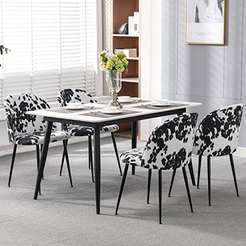 Guyou Fabric Upholstered Dining Chairs Set of 2, Modern Guest Chairs Side Chairs Round Back, Modern Accent Chairs with Metal Legs for Living Room Bedroom Reception Room (Black Cow)