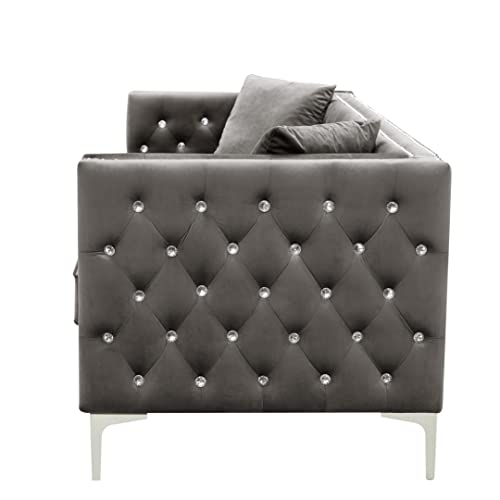 Fulocseny Velvet Upholstered Loveseat Sofa,59.4" Jeweled Buttons Tufted Square Arm Couch,Modern Couch Button and Metal Legs,Sofa Couch with 2 Pillows for Bedroom (Grey+Velvet, 59.4 L*32.3 W*29.1 H)