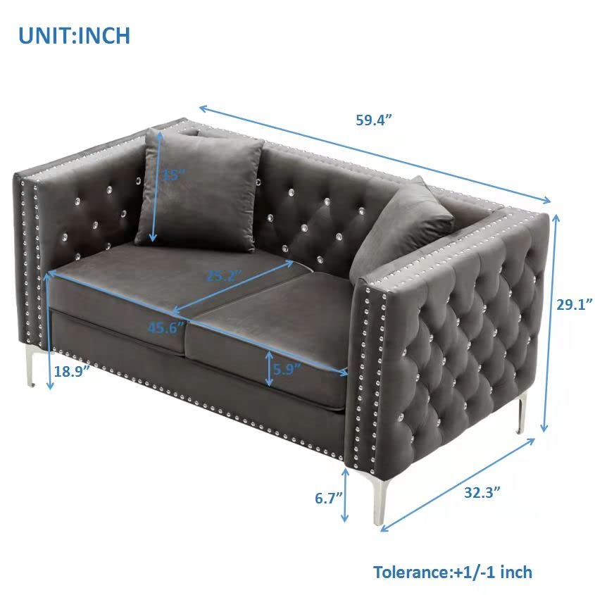 Fulocseny Velvet Upholstered Loveseat Sofa,59.4" Jeweled Buttons Tufted Square Arm Couch,Modern Couch Button and Metal Legs,Sofa Couch with 2 Pillows for Bedroom (Grey+Velvet, 59.4 L*32.3 W*29.1 H)