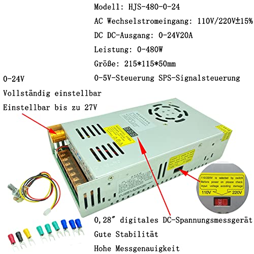 Lianshi Transformer AC-DC 0-24V Adjustable 20A480W Voltage Digital Display DC Regulated Switching Power Supply Adapt to DC Speed Control Motor, LED Equipment, 3D Printer System