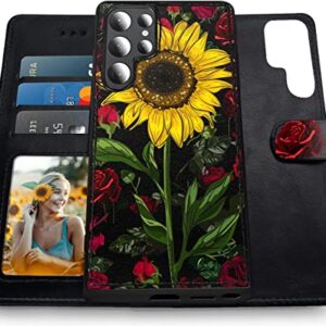 Shields Up for Galaxy S23 Ultra Case, [Detachable] Magnetic Wallet Case with Card Holder & Strap for Girls/Women, [Vegan Leather] Floral Cover for Samsung Galaxy S23 Ultra 5G - Rose Flower/Sunflower