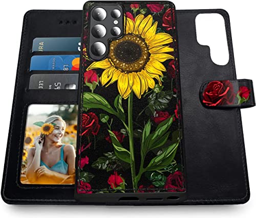 Shields Up for Galaxy S23 Ultra Case, [Detachable] Magnetic Wallet Case with Card Holder & Strap for Girls/Women, [Vegan Leather] Floral Cover for Samsung Galaxy S23 Ultra 5G - Rose Flower/Sunflower