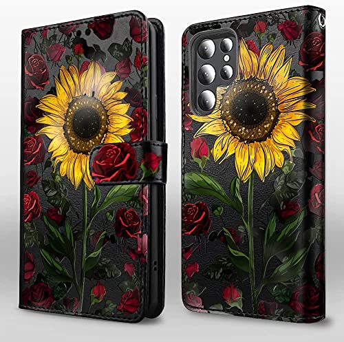 Shields Up for Galaxy S23 Ultra Case, [Detachable] Magnetic Wallet Case with Card Holder & Strap for Girls/Women, [Vegan Leather] Floral Cover for Samsung Galaxy S23 Ultra 5G - Rose Flower/Sunflower