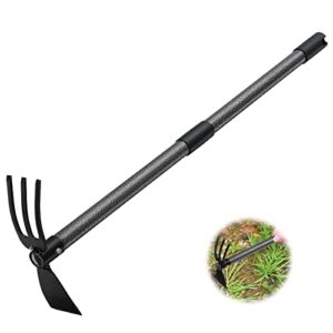 garden hoe and cultivator, 31” long heavy duty hand hoe with tiller,2 section handle, carbon steel blade, cultivator hoe garden tool for loosening soil, digging