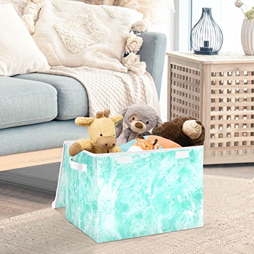 Kigai Storage Basket Abstract Marble Mint Green Storage Boxes with Lids and Handle, Large Storage Cube Bin Collapsible for Shelves Closet Bedroom Living Room, 16.5x12.6x11.8 In